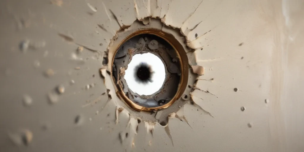 A Close-Up View of a Bullet Hole in a Wall Surface.