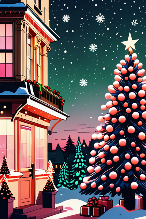 Charming Holiday Scene with a Decorated Christmas Tree and Snowy Evening