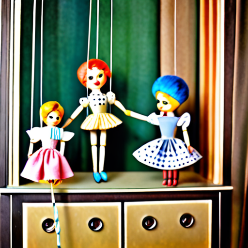Photo realistic mid century pastel marionettes aplaying with dolls
