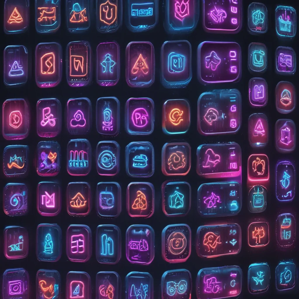 Colorful Neon Icons Representing Various Concepts and Activities in ...