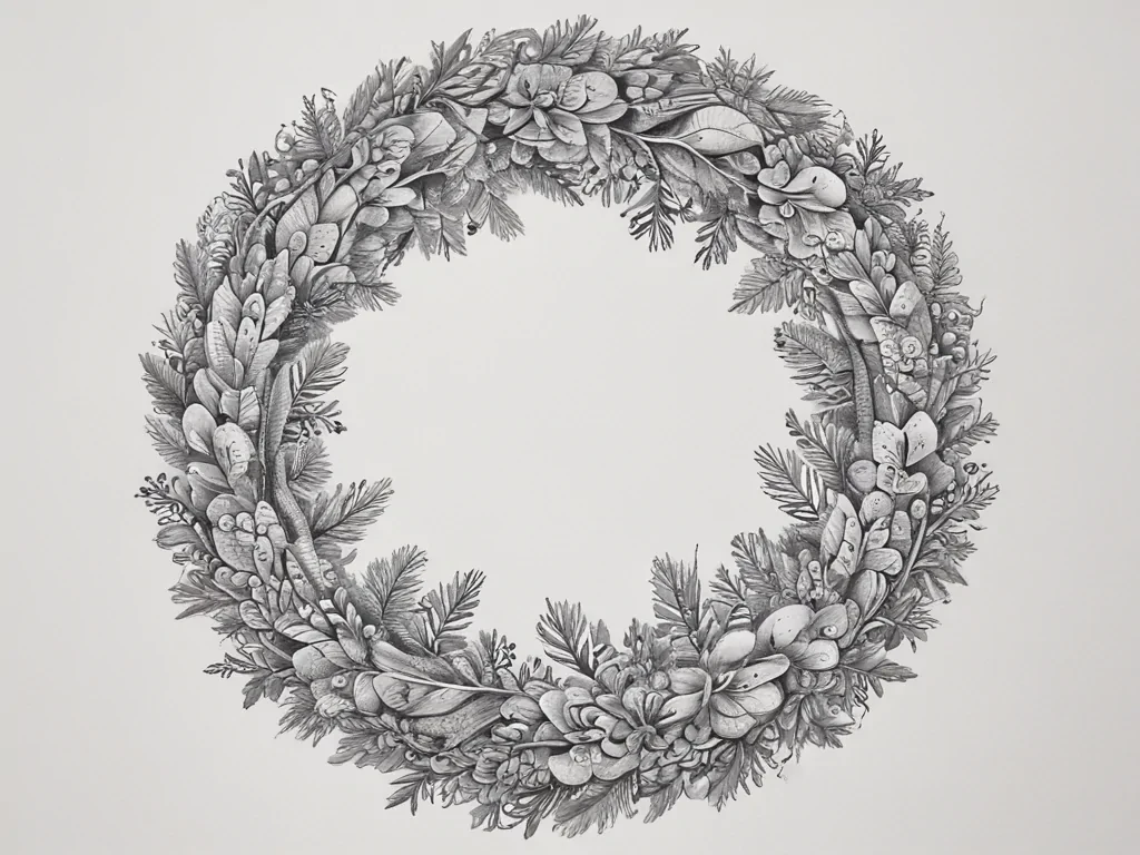 Intricate Hand-Drawn Wreath Featuring a Variety of Botanical Elements