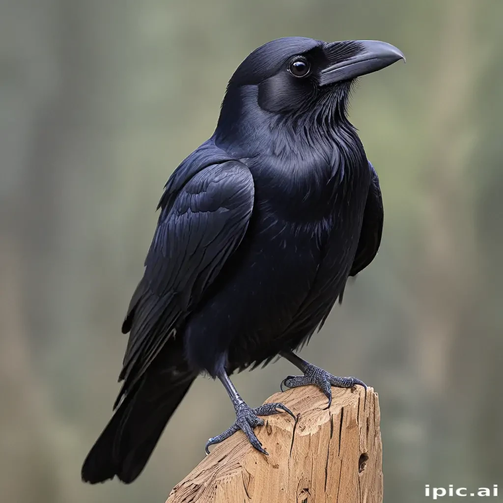 A Majestic Black Raven Perched Gracefully on a Wooden Stump.