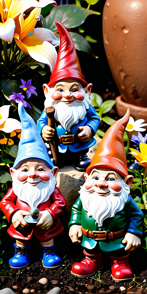 Three Colorful Garden Gnomes Engaging in Playful Activities Among Flowers