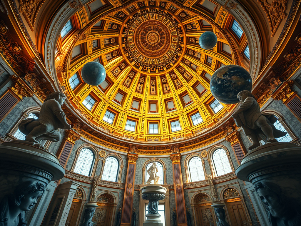 Majestic Dome with Planetary Orbs in a Grand Architectural Hall