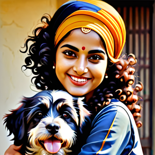 a happy bubbly Punjabi sikh girl with medium curly hairs hug her dog ...