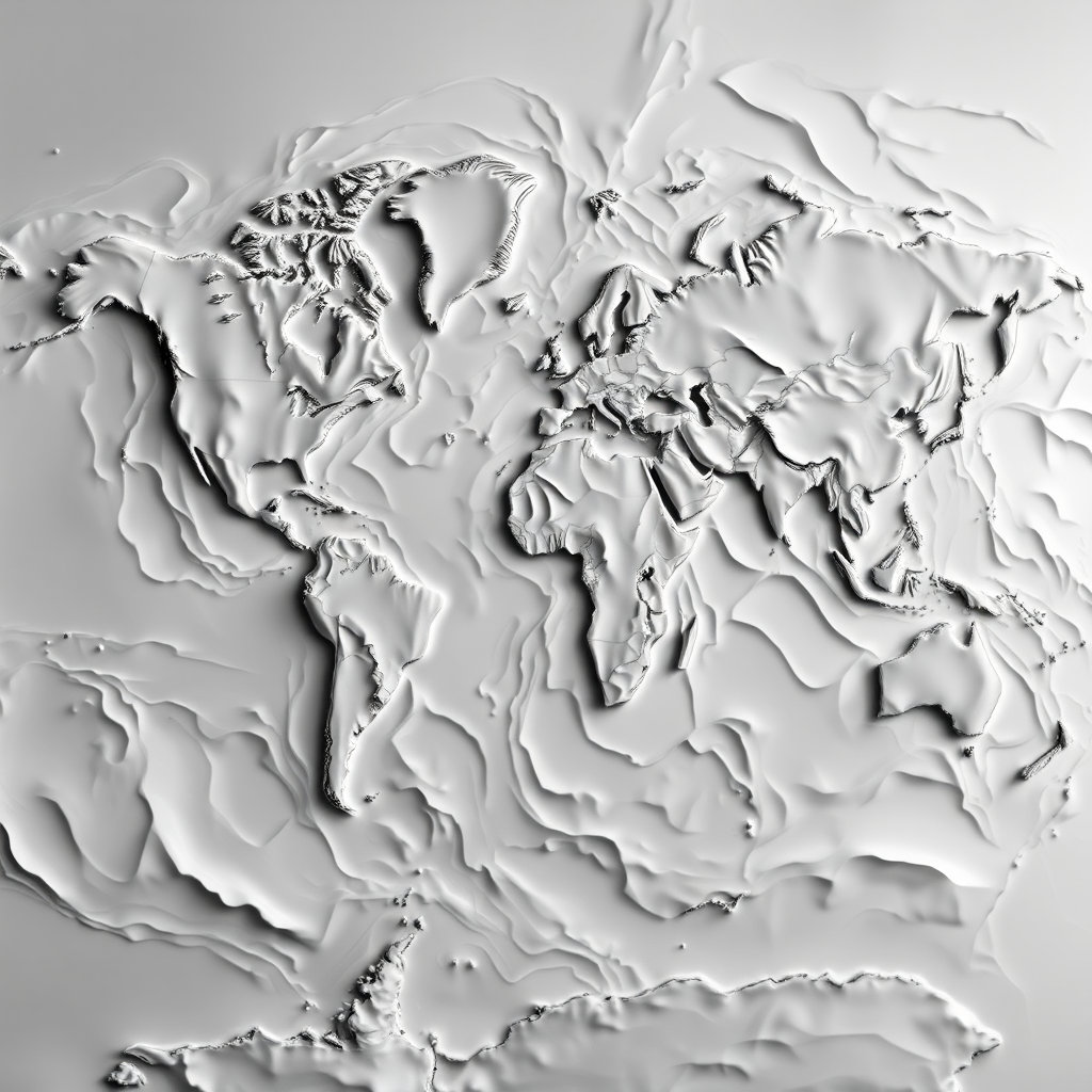 Textured World Map in Relief Showing Continents and Ocean Depths Clearly