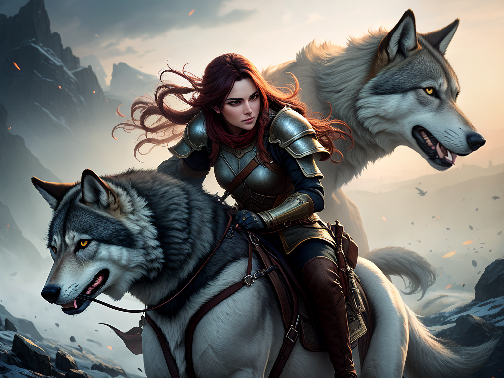 Girl with wolves fights against fire demon, epic war painting, fantasy ...