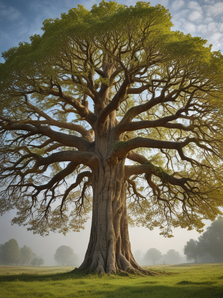 Majestic Tree with Expansive Branches in a Serene Natural Landscape.