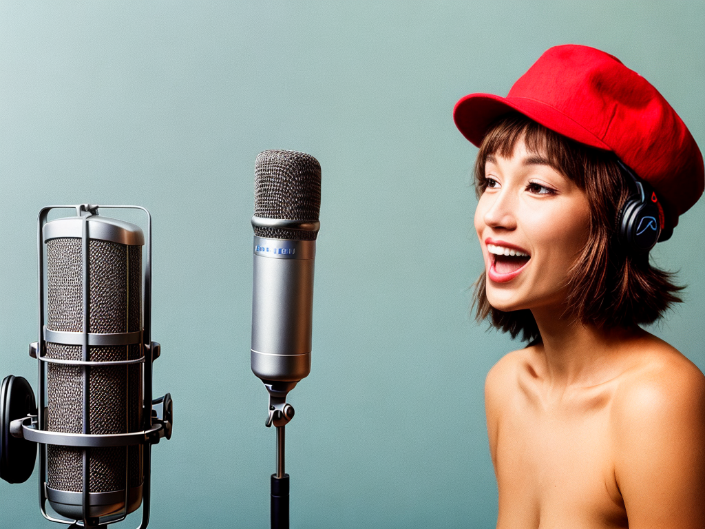 cat with a red hat singing into a microphone in a recording studio
