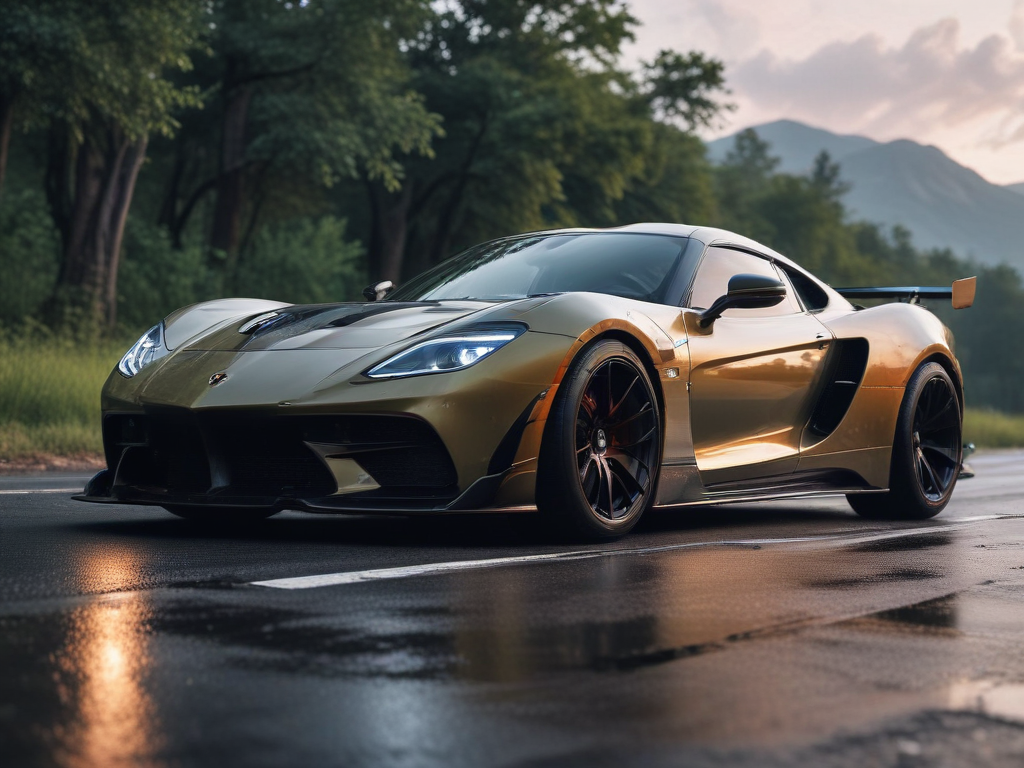 Stunning Gold Sports Car Parked on a Rainy Mountain Road