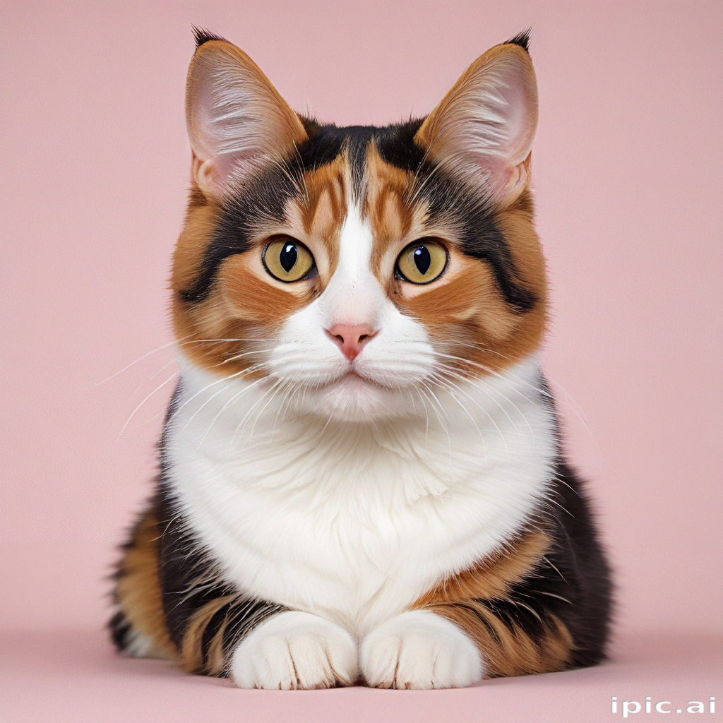 A Beautiful Calico Cat Posing Gracefully Against a Soft Pink Background.