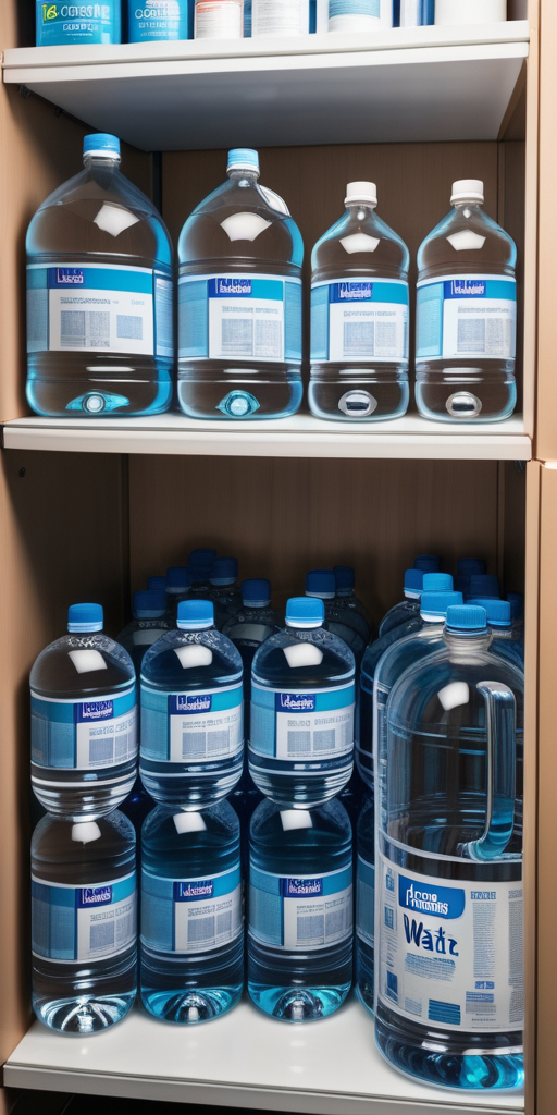 Organized Display of Various Sizes of Bottled Water on Shelves