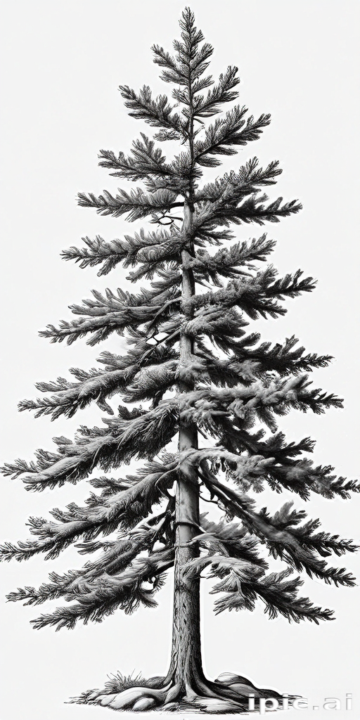 Detailed Illustration of a Tall Evergreen Tree Against a Plain Background