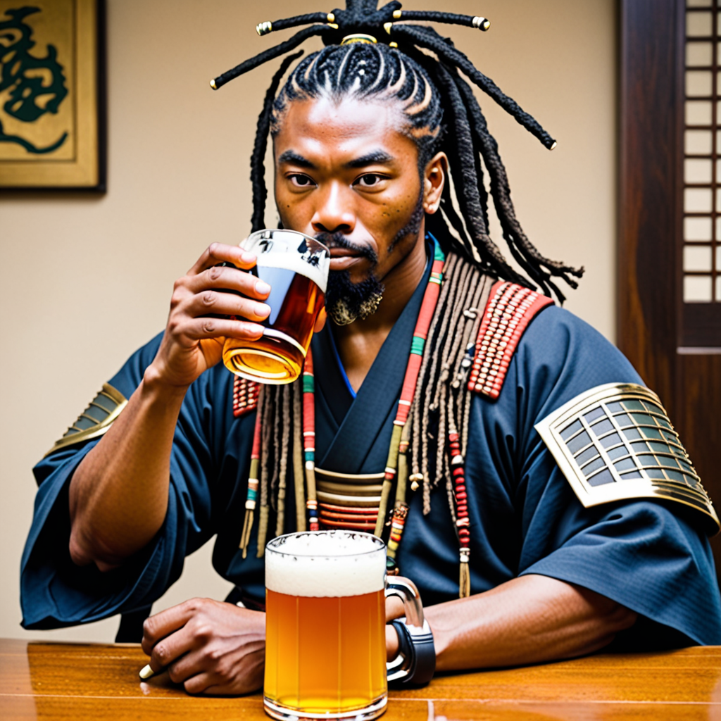african american samurai with dreadlocs drinking tall beer studio ...