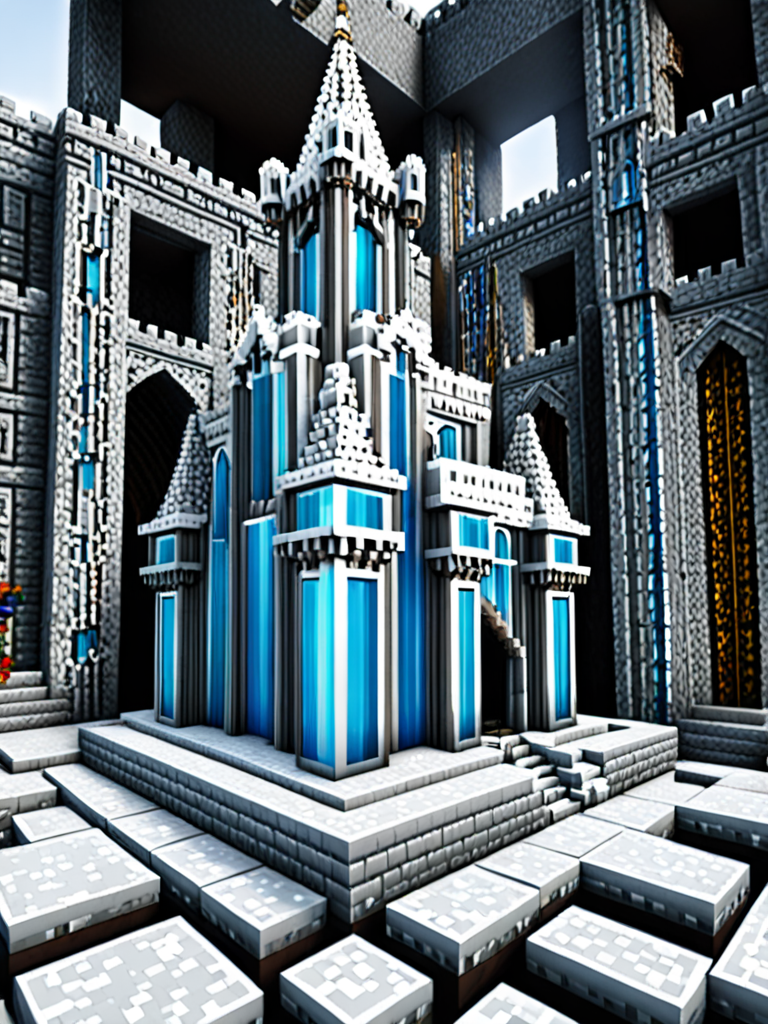 ice and quartz diorite castle in Minecraft in square shape of 40x40 blocks