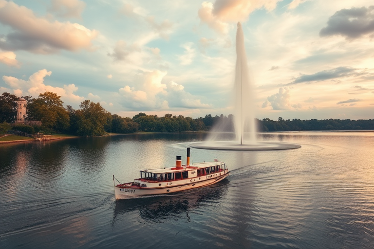 Regenerate the image of a steam boat near a fountain in a lake under a ...