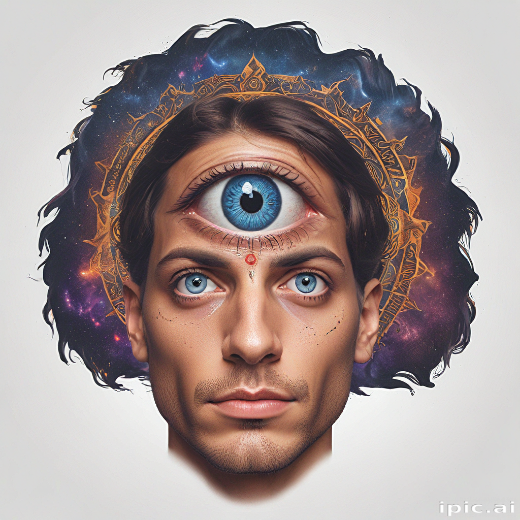 Surreal Portrait of a Man with a Third Eye and Cosmic Elements