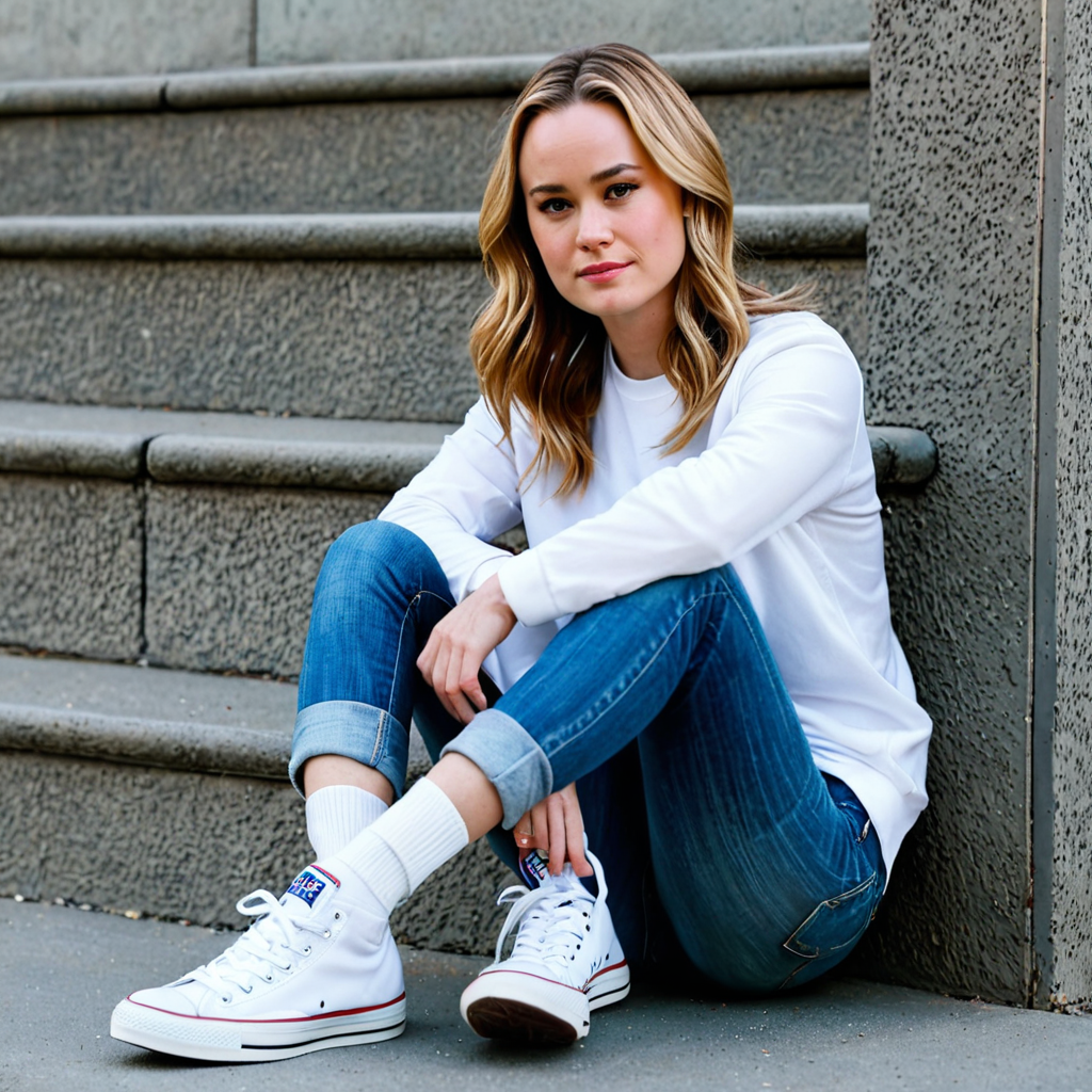 Mcu Brie Larson Carol Danvers Sitting in White Shirt, Blue Jeans, White ...