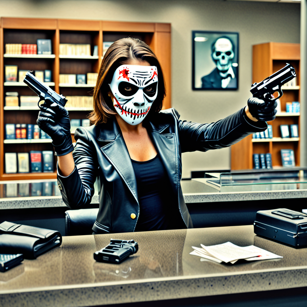 Bank robbery by a woman, leather blazer, black leather gloves, zombie ...