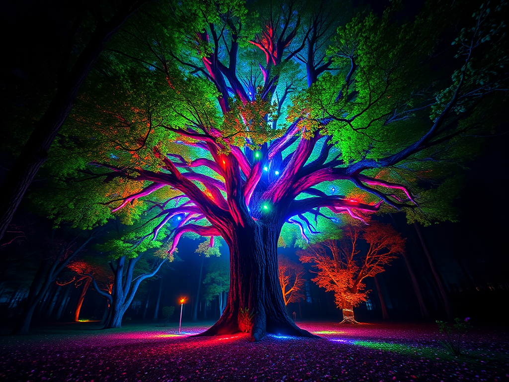 Vibrant Nighttime Illumination of a Majestic Tree in a Forest
