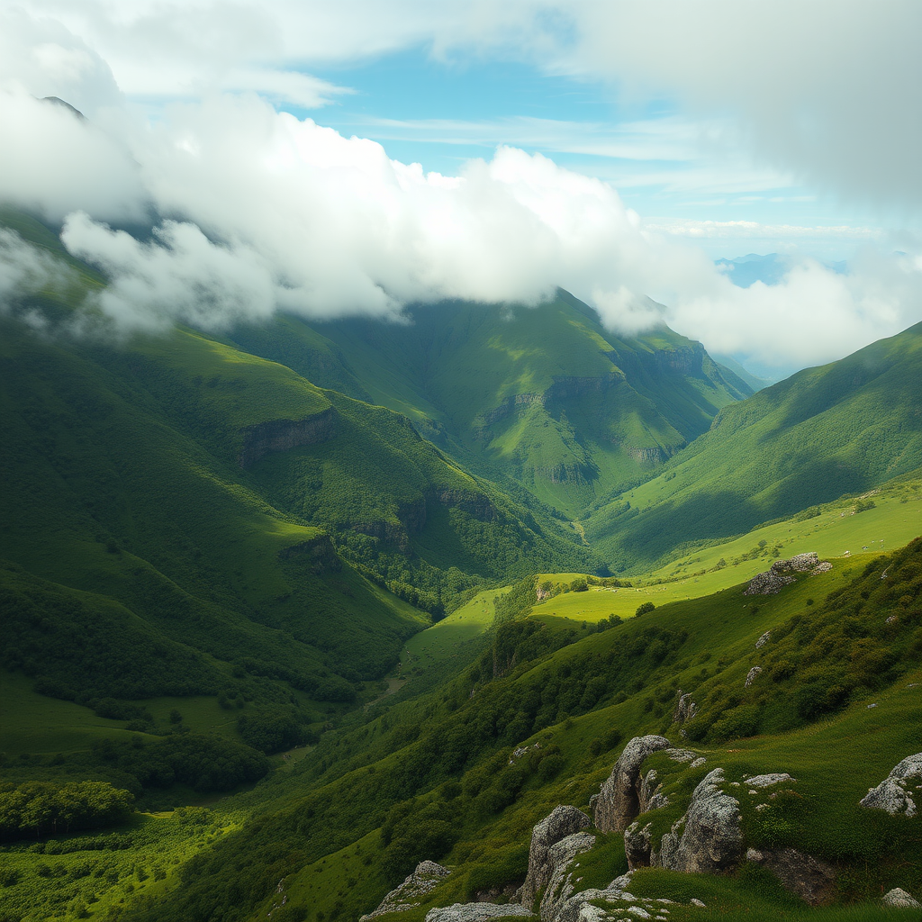 generate a high-resolution image of a lush green mountain landscape ...