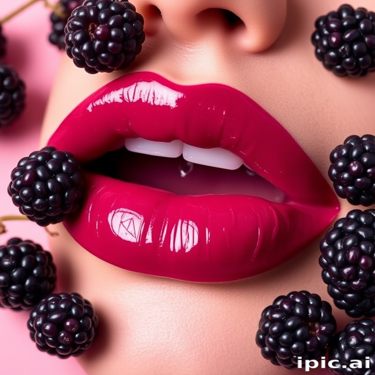Vibrant Pink Lips Surrounded by Fresh Blackberries on a Soft Background