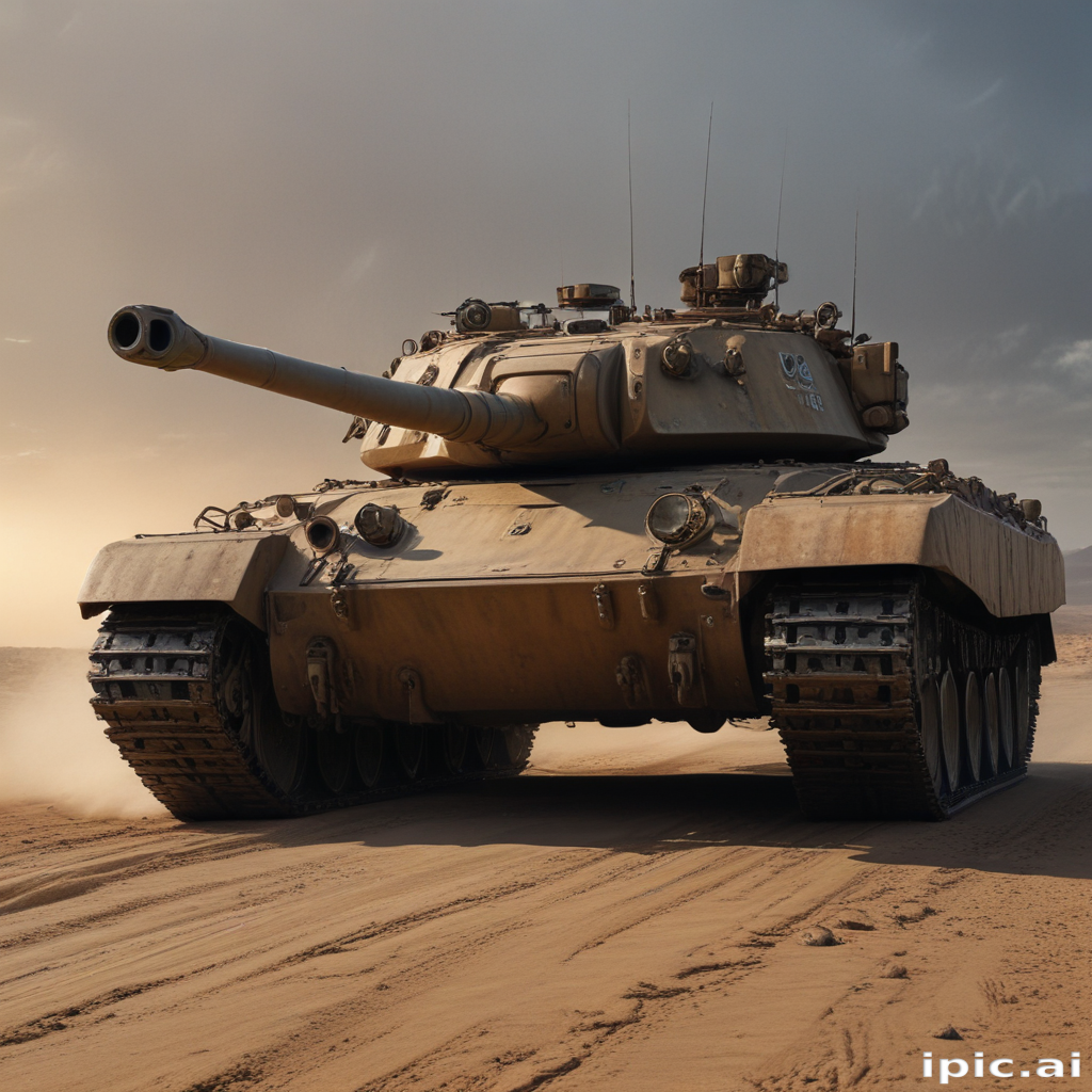 Powerful Military Tank Maneuvering Through Desert Terrain Under ...