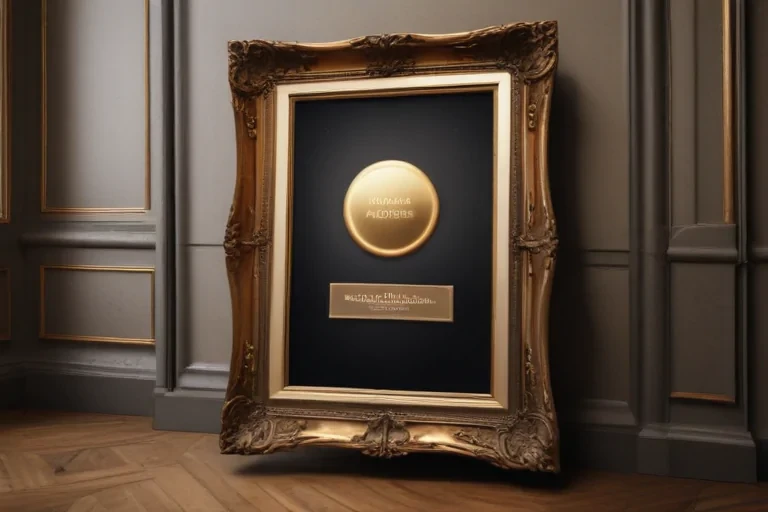 Elegant Golden Frame Showcasing a Prestigious Award in Luxurious Setting