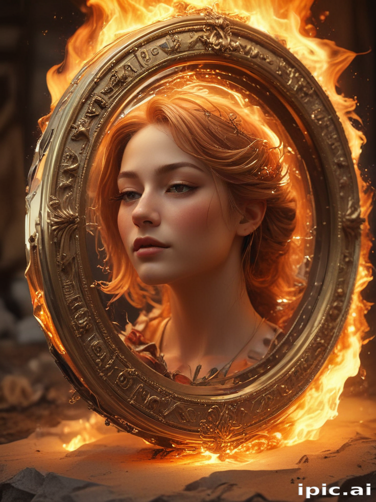 Enchanting Portrait Surrounded by Fiery Flames in a Golden Frame