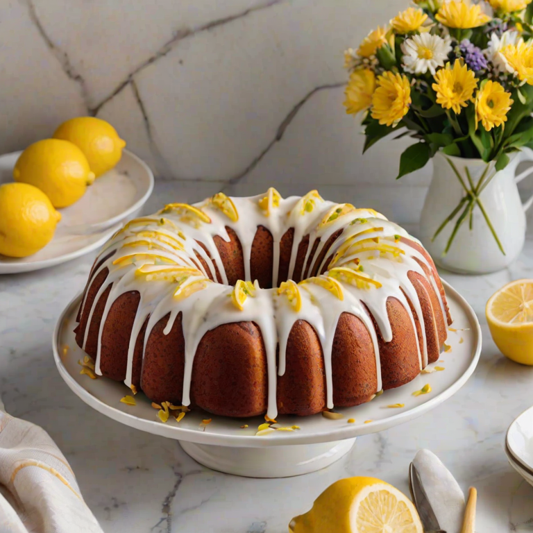 Delicious Lemon Bundt Cake with Glaze and Fresh Lemon Garnish Displayed