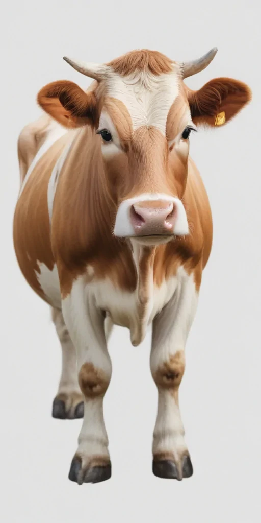 A Cute Brown and White Cow Standing Proudly Against a Plain Background.