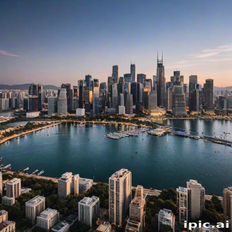 Stunning Aerial View of a Vibrant City Skyline at Sunset