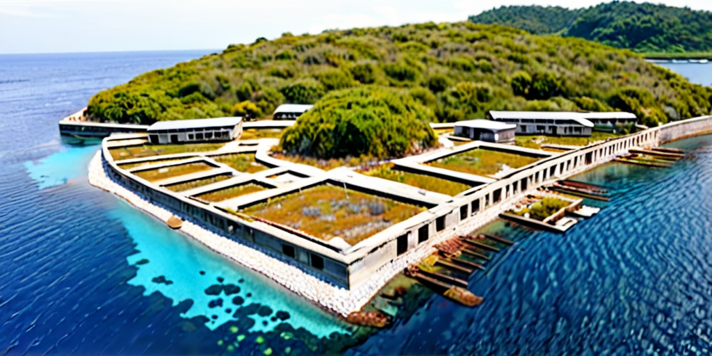 Island with abandoned buildings