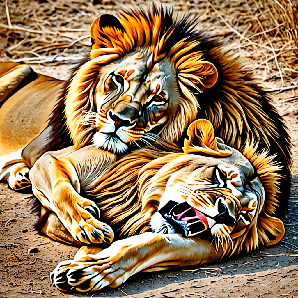 A lion and an antelope sleeping peacefully together with their bodies ...
