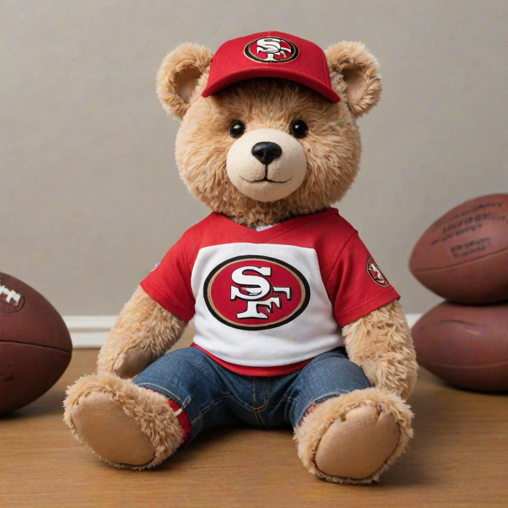 Adorable Plush Bear Dressed in San Francisco 49ers Gear with Footballs