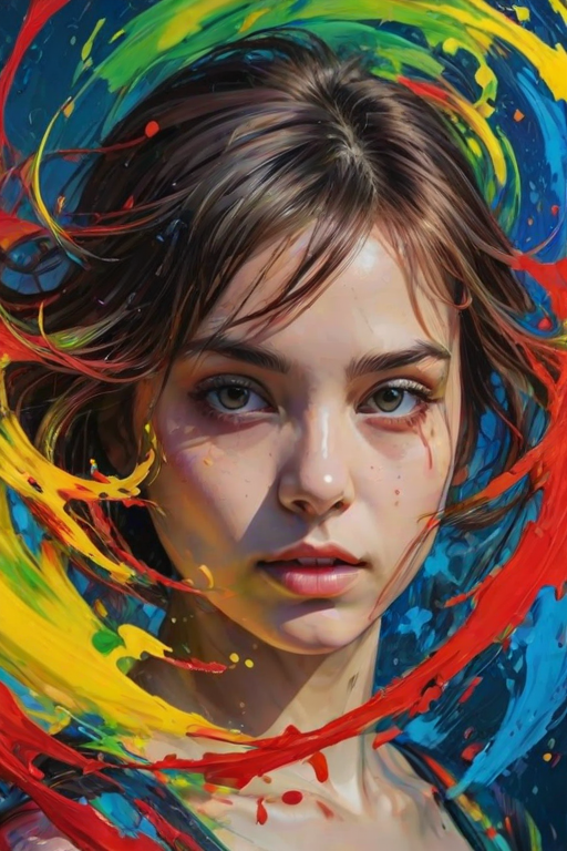 Vibrant Portrait of a Young Woman Surrounded by Colorful Swirls of Paint