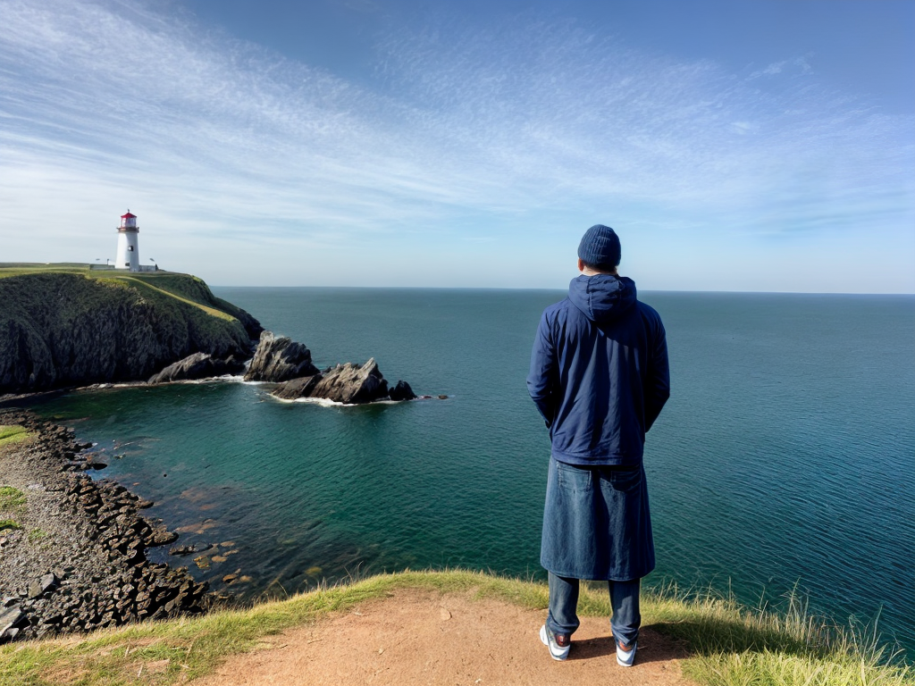on an island with a lighthouse, with a sad guy in a hood walking