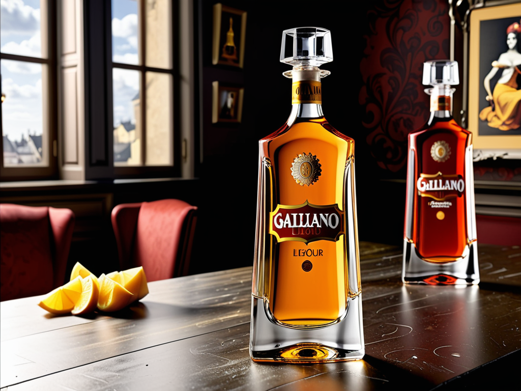 Elegant Galliano Liqueur Bottle with a Glass on Reflective Surface