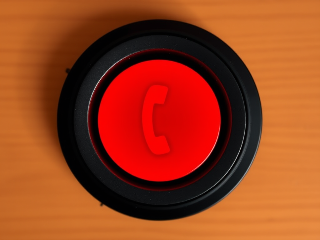 Bright Red Emergency Button with Phone Icon on Wooden Background