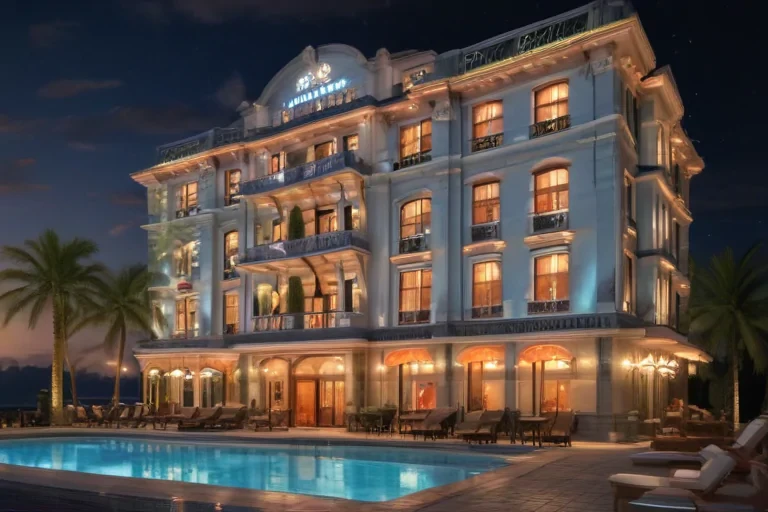 Elegant Coastal Hotel with Pool Surrounded by Lush Palm Trees at Night