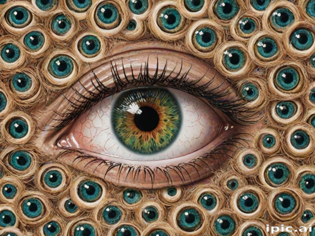 Intricate Close-Up of a Human Eye Surrounded by Multiple Small Eyes