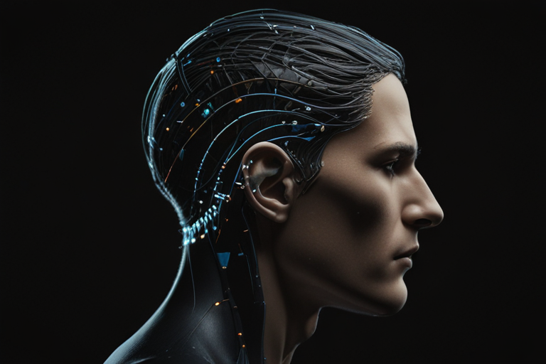left profile of a futuristic human head made from optical fibre with ...