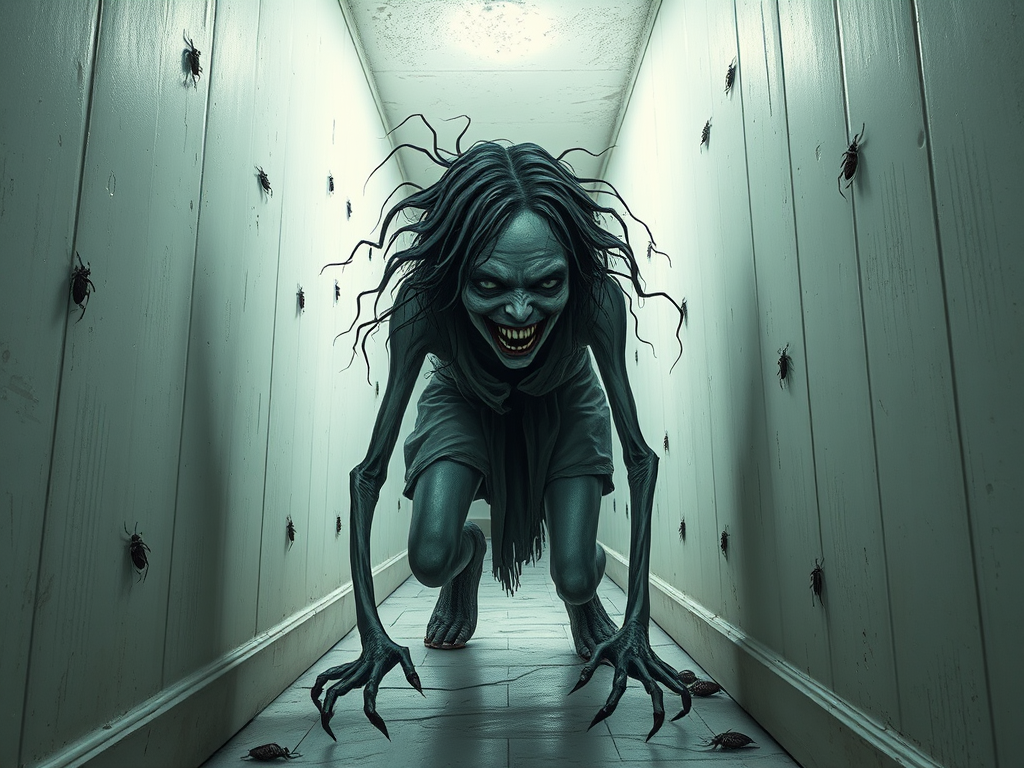 Terrifying Creature Crawling Through a Dark, Infested Hallway in Shadows