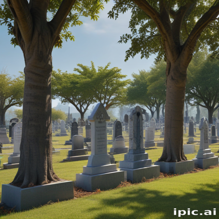 A Serene Cemetery Scene with Lush Trees and Peaceful Gravestones.