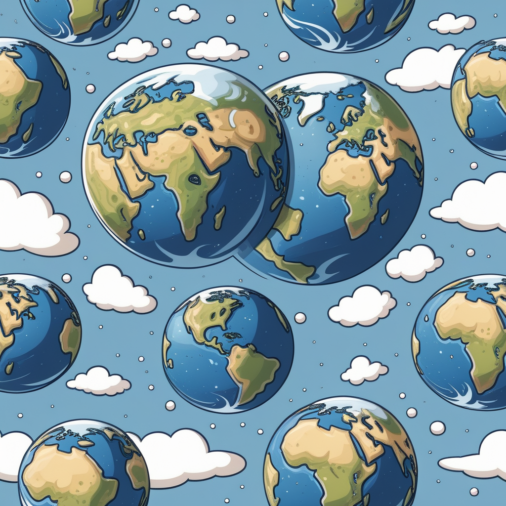 Colorful Pattern of Earth Globes Surrounded by Fluffy White Clouds