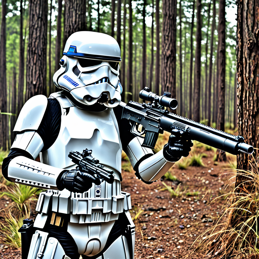 steampunk stormtrooper shooting at jedi