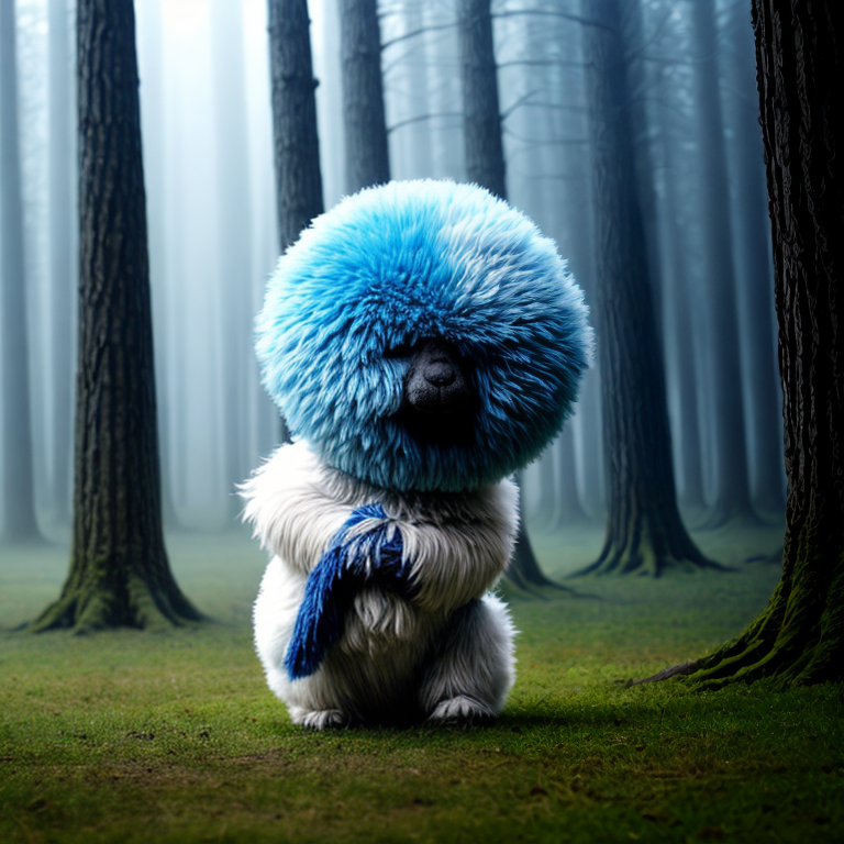 a cute fluffy blue ball animal playing in a misty magical forest