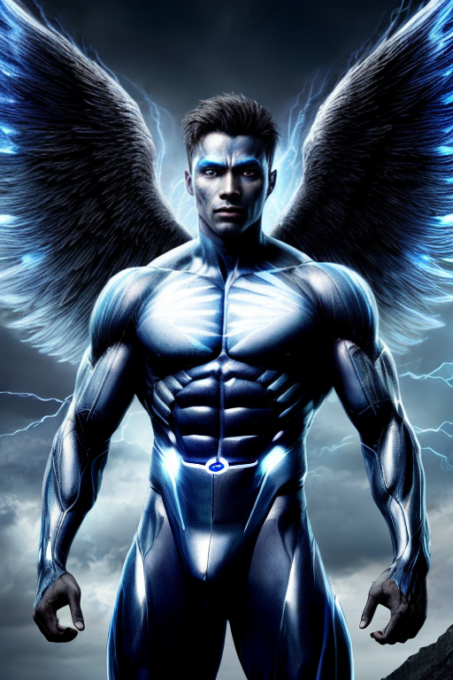 a male angel with dark blue skin, hair made of smoke, the eyes glow ...
