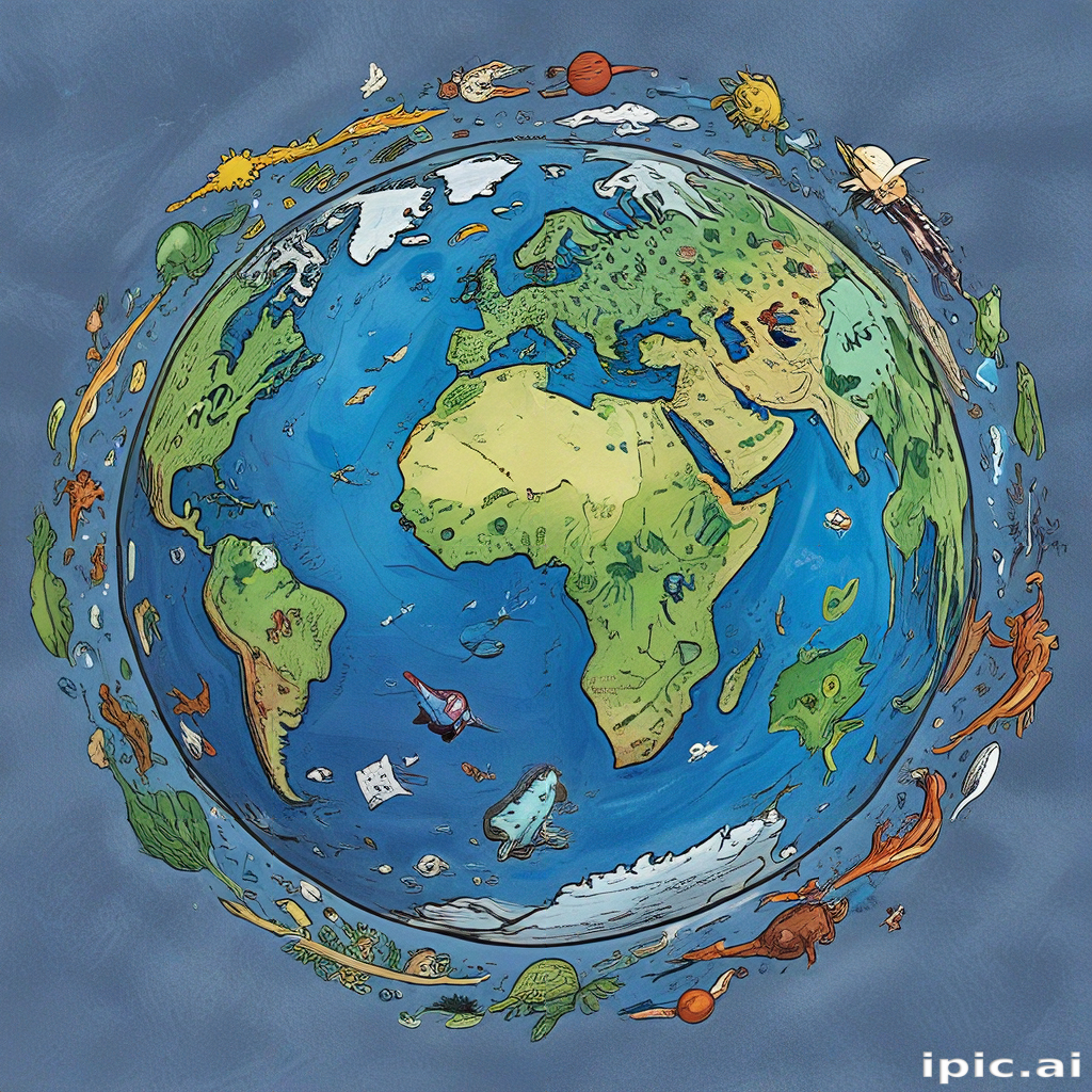 Whimsical Cartoon Representation of Earth Filled with Colorful Animals ...