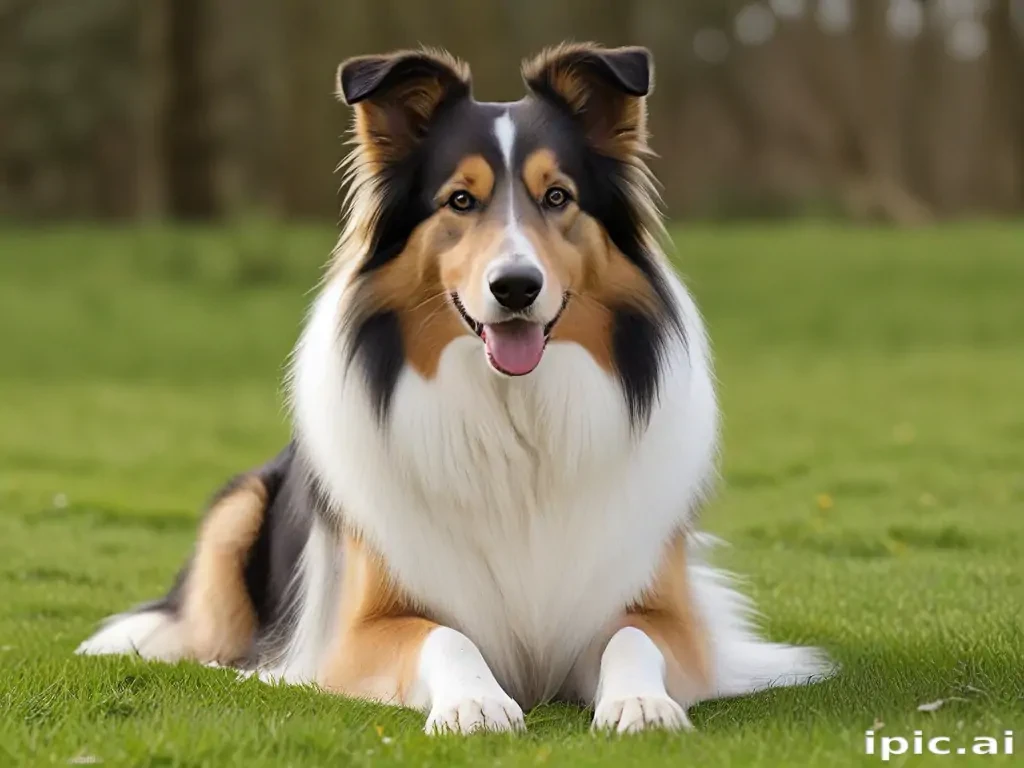 A Beautiful Collie Dog Relaxing on a Green Grass Field Outdoors.